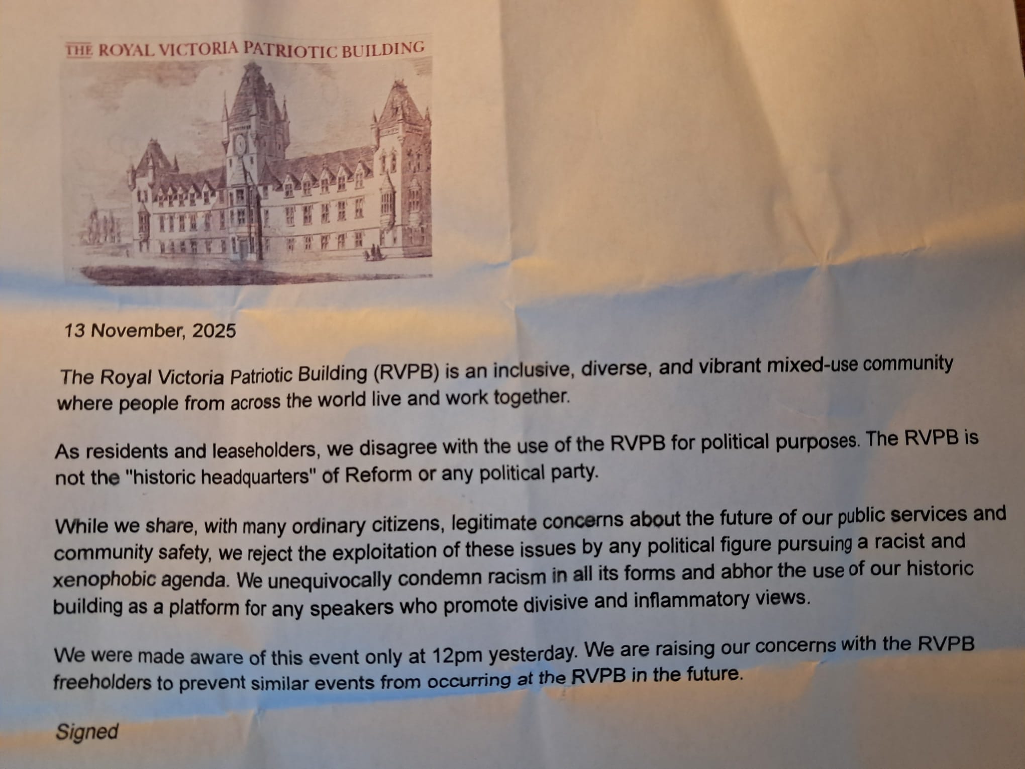 RVPB letter - Stand Up to Racism